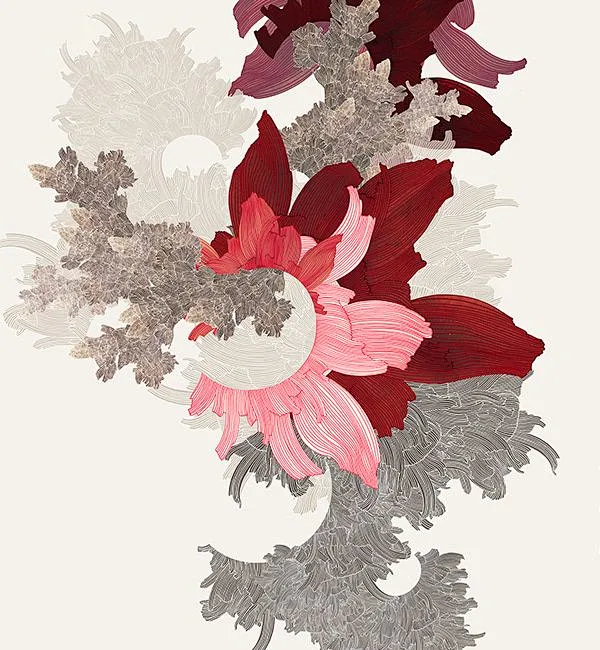 This may contain: an abstract floral arrangement with red, pink and ...
