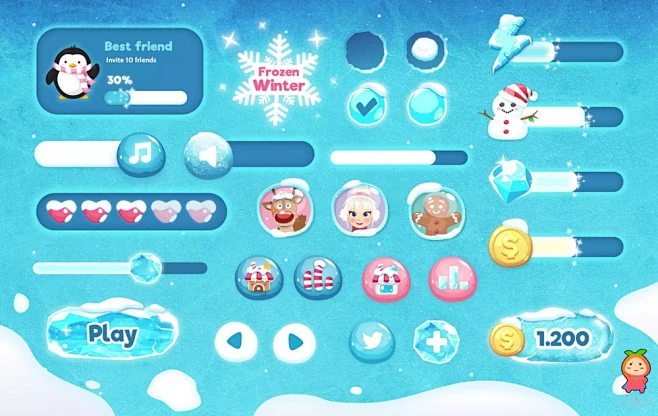Frozen GUI Pack 1.7 冬季冰雪主题游戏UI界面Unity3d插件/模型Unity3d专区CG柚子-服务万千独立游戏开发者 ...