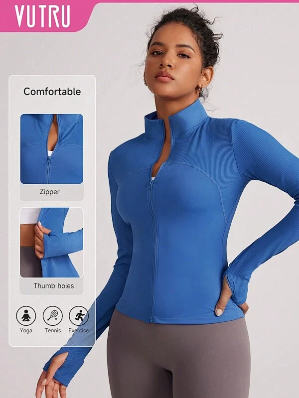 VUTRU 1pc VUTRU Zipper Rib Knit Splicing Tight Jacket With Thumb Hole ...