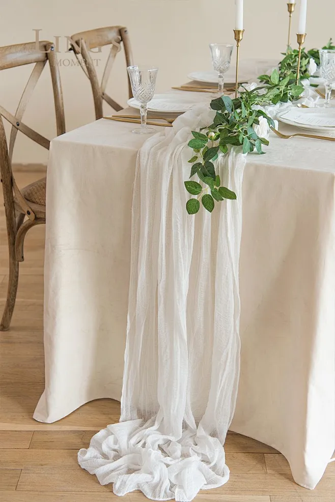 A rustic-elegant look with this wide hand dyed color gauze table runner ...