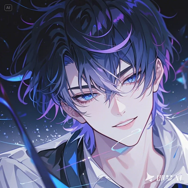 二次元氛围感头像，高冷男生，半眯眼，脸部特别放大，20岁，眼睛狭长，昏暗气氛，迷离的滤镜，人物特写，忽略背景，边缘动态模糊，指绘，动漫风格，高 ...