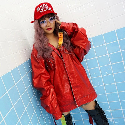 【PANDA STORM】潮牌嘻哈宽松红色亮面夹克皮衣外套女装国潮-淘宝网