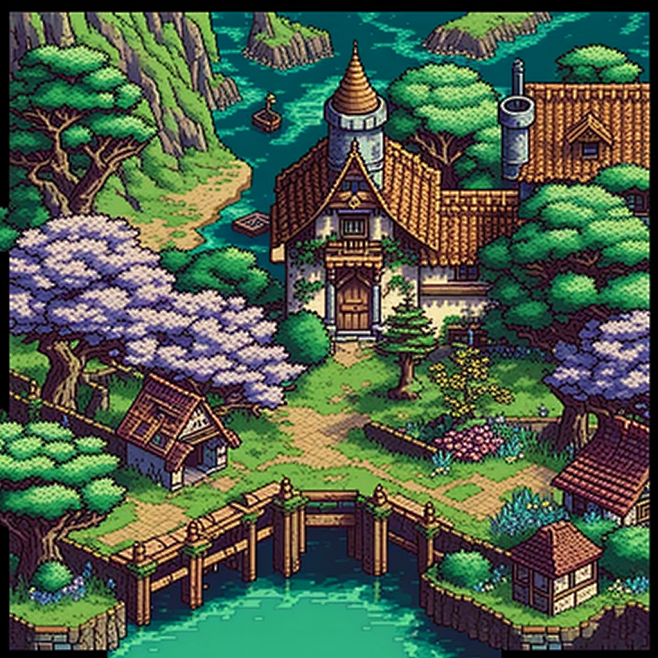 A detailed 16-bit style digital tile set, 128x128 pixels, for a fantasy ...