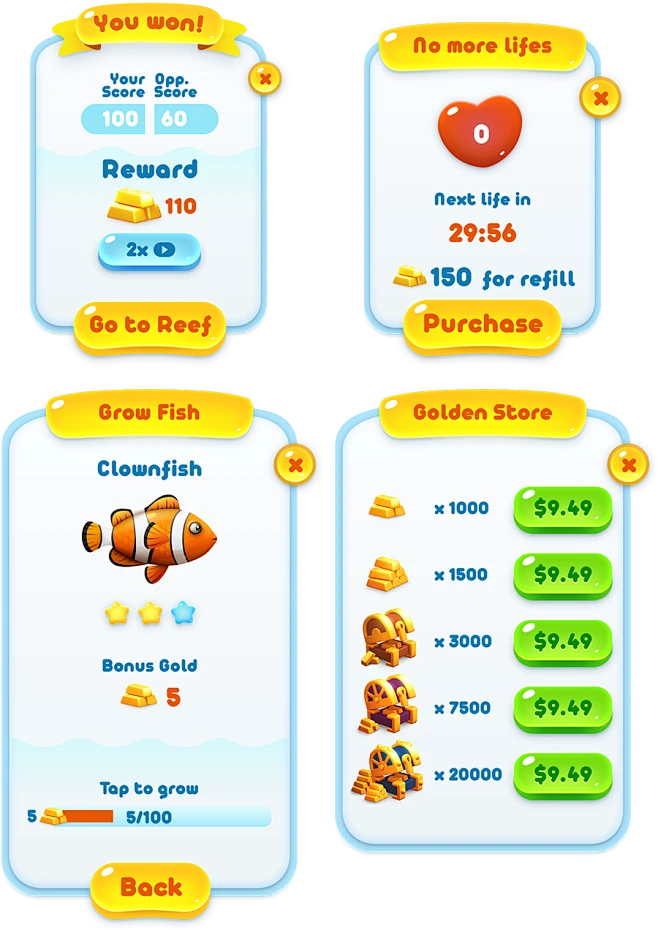 aqua casual dominoes fish GUI mobile UI underwater-花瓣网