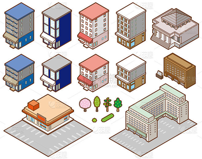 各种建筑的立体插图