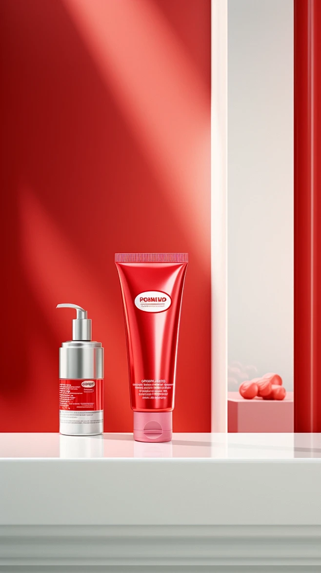 Red toothpaste near a mirror in a white and red bathroom, studio light ...