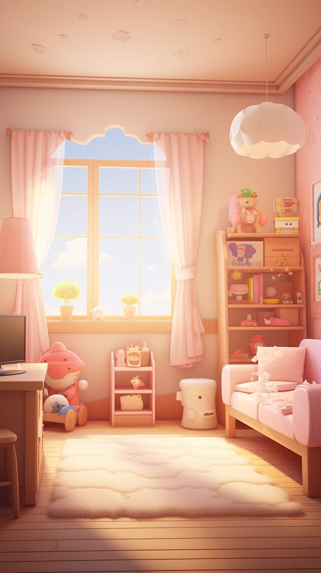 Bright and warm room, children's room, pink, anime, 3d, c4d, oc ...