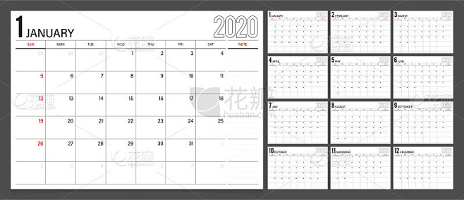 Calendar planner 2020 design template week start o
