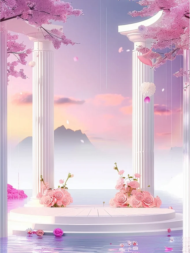 1.Surrealism, minimalist style, retro Roman columns, water surface ...