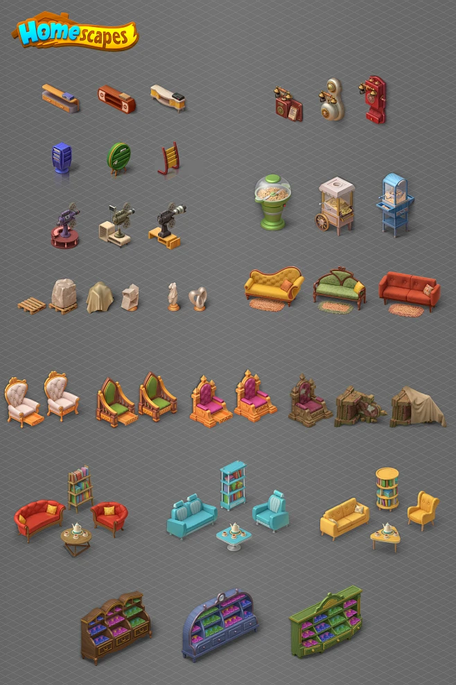 building casual game gardenscapes homescapes Isometric match3 mobile objects playrix-花瓣网