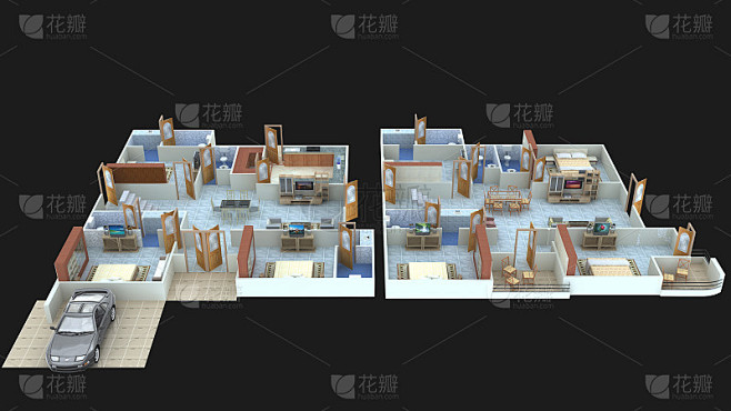 家居一楼和一楼的室内平面图29 - 3D
