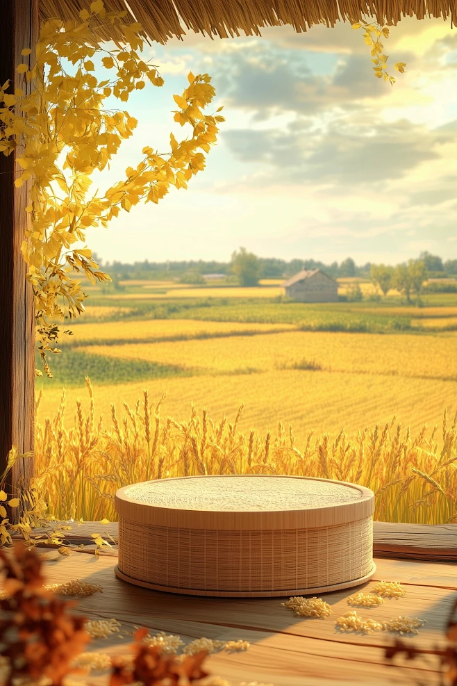 3D illustration of a podium with a rice basket style placed on the ...