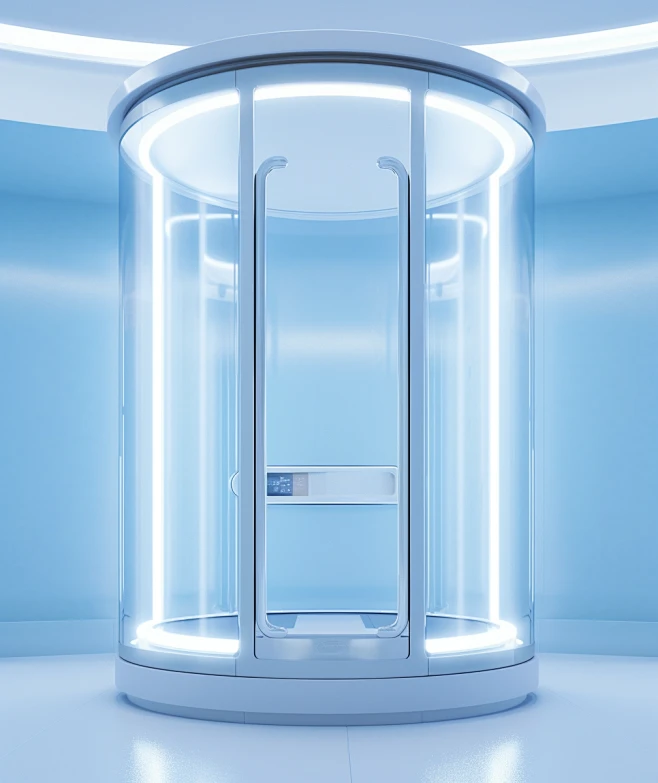 a futuristic space with a door in it, in the style of light sky-blue ...