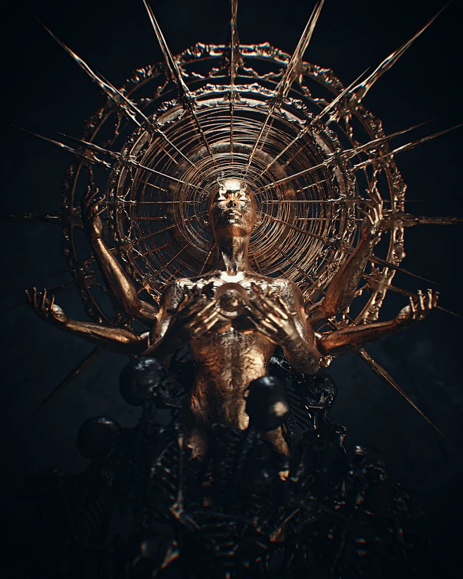 billelis Skull art gothic gold 3D concept art skeleton Zbrush cinema 4d deeath-花瓣网