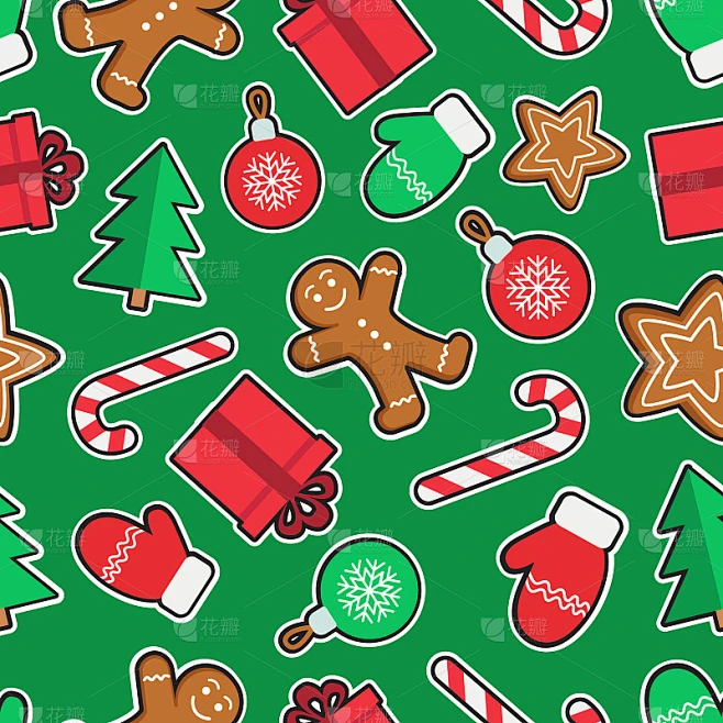无缝图案的圣诞和新年标志补丁。素材-花瓣网