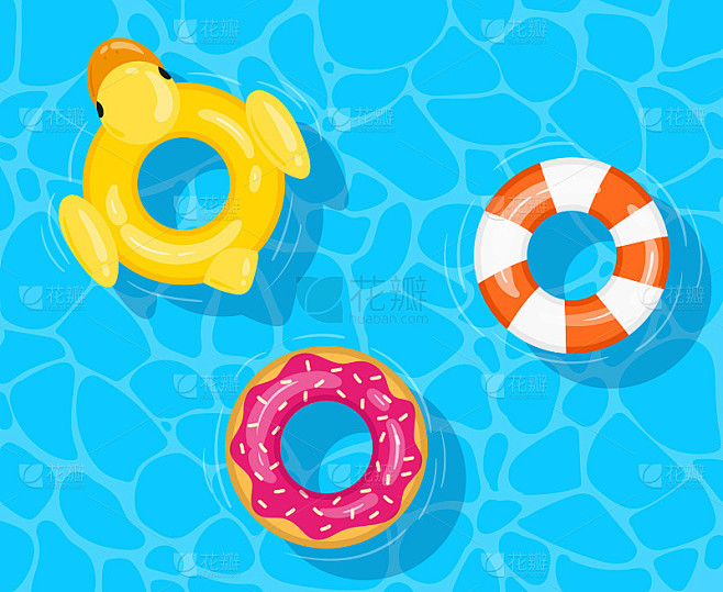 卡通游泳池游泳圈，浮动橡胶游泳圈。夏季水玩具在游泳池，浮动充气救生圈矢量背景插图。池游泳圈