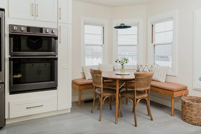 Mid-sized trendy porcelain tile and gray floor breakfast nook photo in ...