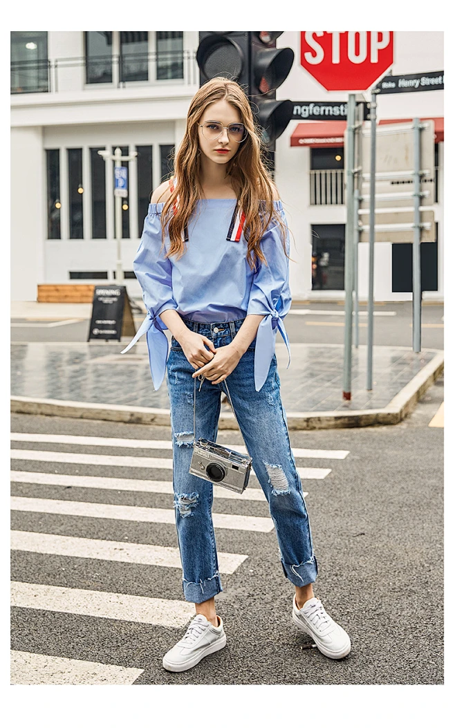 盛放2017春装新款 纯色七分袖露肩含棉衬衫女 时尚一字肩衬衣-tmall.com天猫图片_模特图片素材-花瓣网