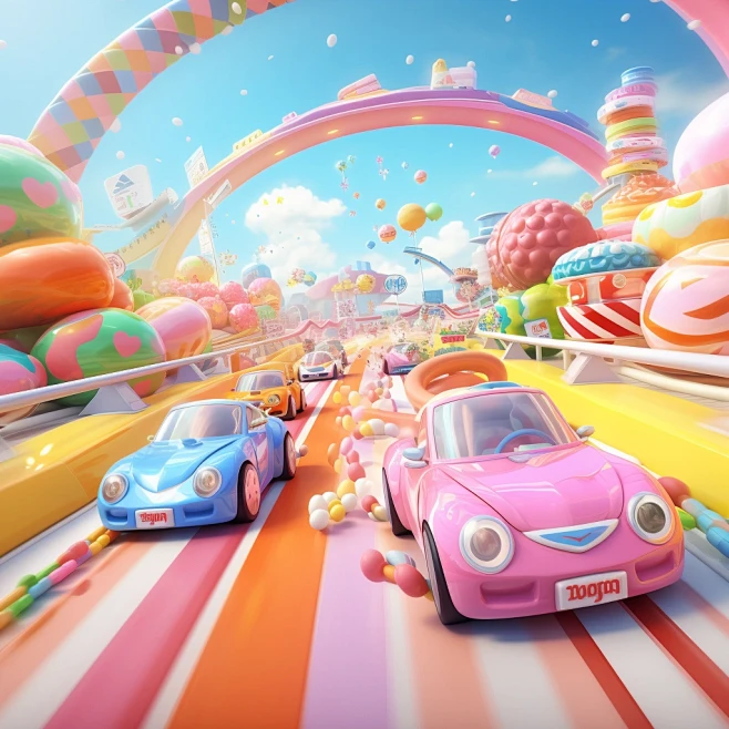 Three cars racing on the track, cartoon 3D, Bubble Mart style, Kawaii ...