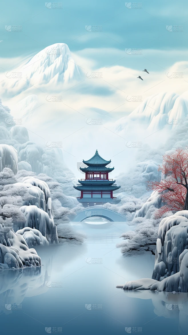 冬季冬天通用插画中国风自然山水积雪场景背景素材-花瓣网