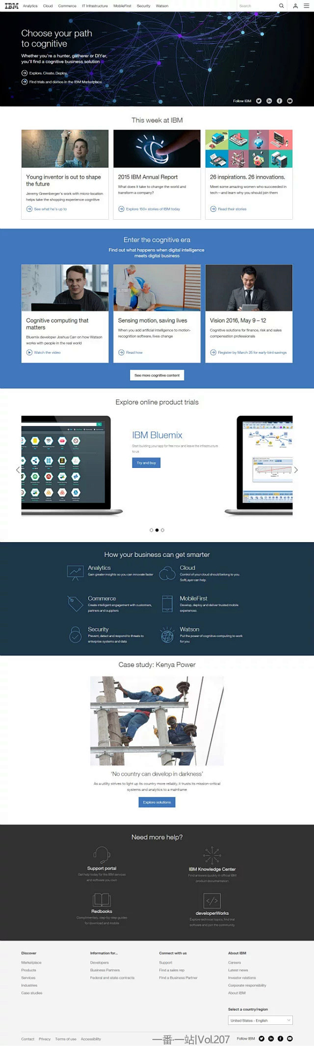打开.ibm./us-en/，极尽扁平化的设计风格融入了具备科技分量的厚重感，呈现出了别具一格的品牌氛围。站首页Banner选用极具科技含量的 ...