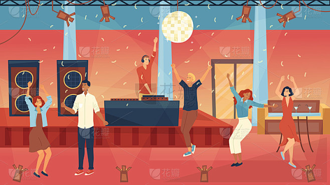 舞会的概念。一群时尚人士在Dj派对上跳舞。著名的Dj演奏现代音乐。配有专业灯光和舞者的室内舞蹈夜总会