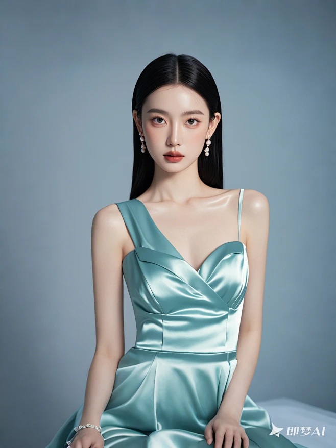 青色礼服衣服 医美模特极简亚洲美女 油亮光泽 皮肤水嫩光泽 甜美 半身照 大背头 站立 正面 对称-花瓣网