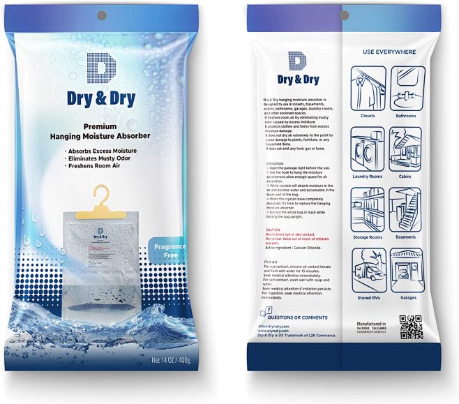 Amazon.com: Dry & Dry 5 包 [净重 14 盎司/包] 高级悬挂吸湿剂,可控制地下室、壁橱、浴室、洗衣房的过量水分 ...