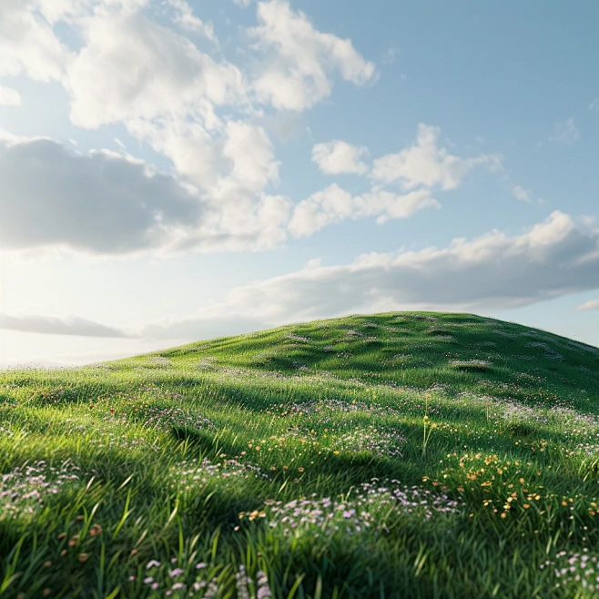 A photorealistic image a flat grassy, flowery hill in the center. In ...