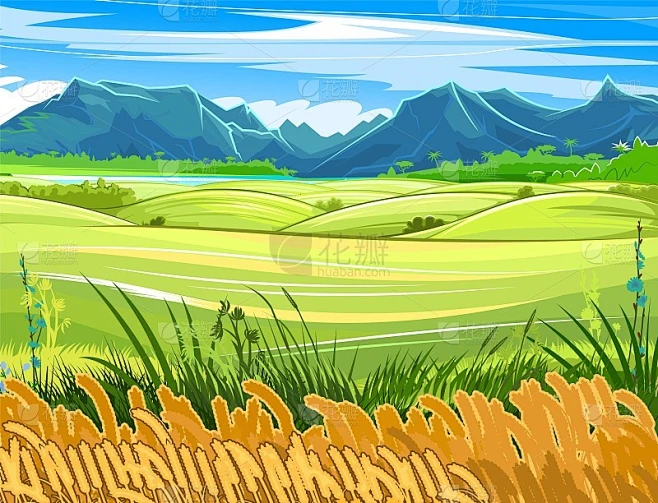 Wheat field. Rural hills and meadows. Scenery. Pas素材-花瓣网