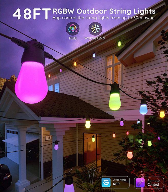 Govee Bluetooth 48ft RGBW Outdoor String Lights, Patio Lights App ...