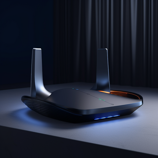 A modern router in silver with a curved silhouette and a glossy finish ...