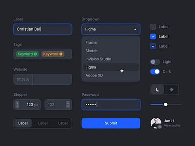 Dark UI Elements dashboard user interface avatar input group elements ...