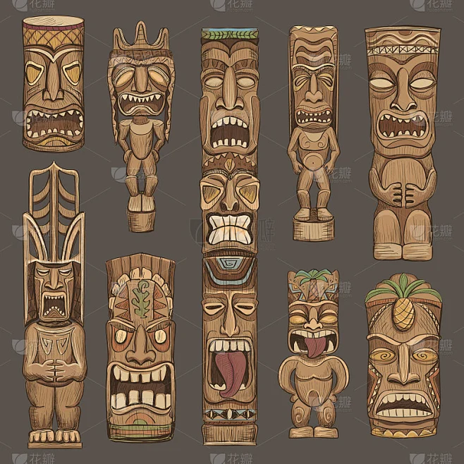 Vector set of tiki idols color illustration素材-花瓣网
