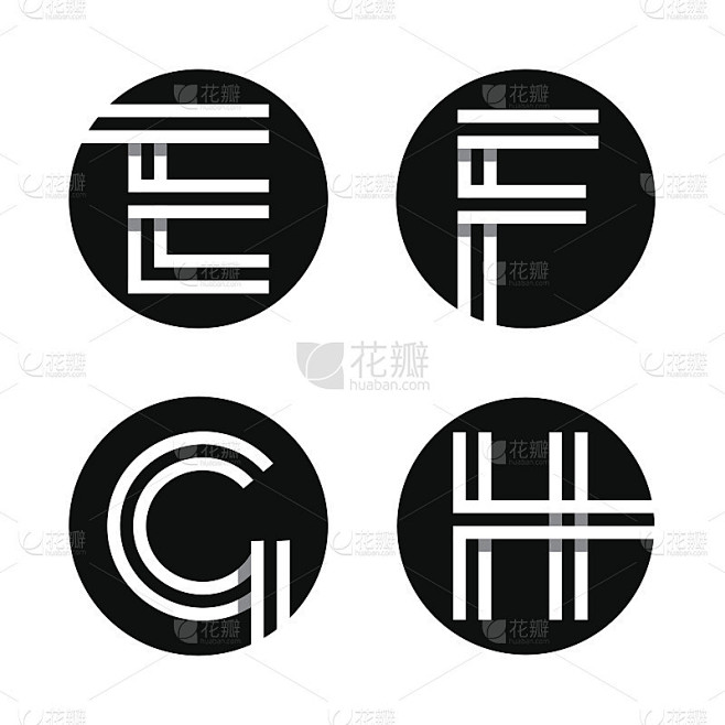 大写字母E, F, G, h在一个黑圈里。