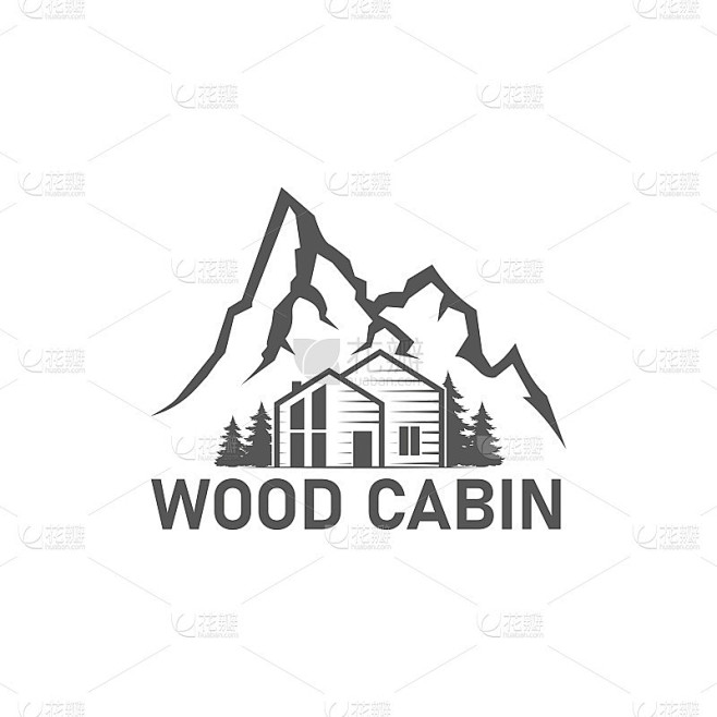 标志木屋和山。木屋出租。