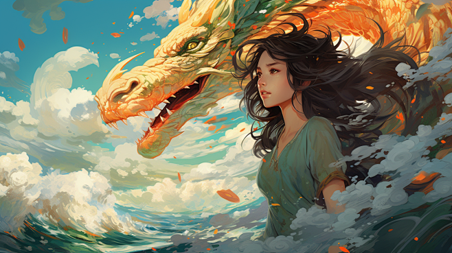 dragon chasing woman of blue sky, in the style of laurie greasley ...