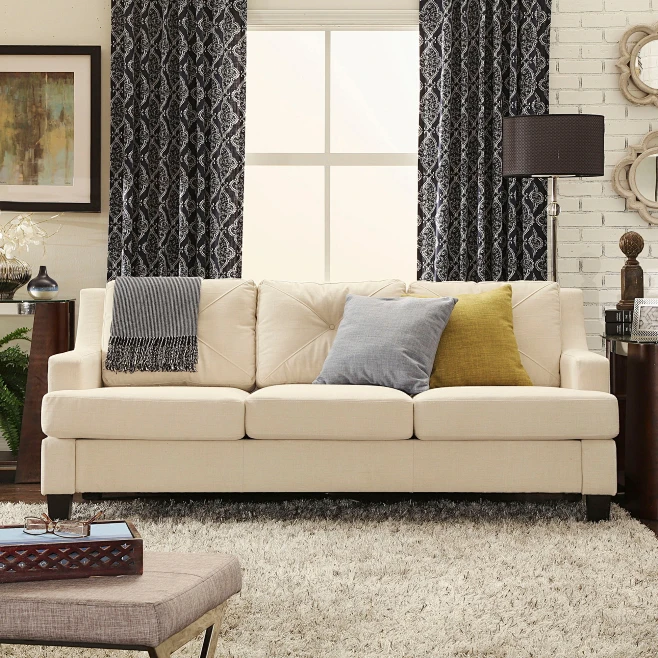 MID-CENTURY LIVING Elston Linen Tufted Sloped Track Sofa | Overstock.com Shopping - The Best ...