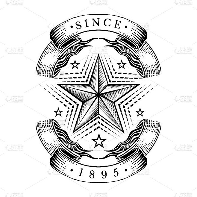 Engraving star between of two ribbons isolated on