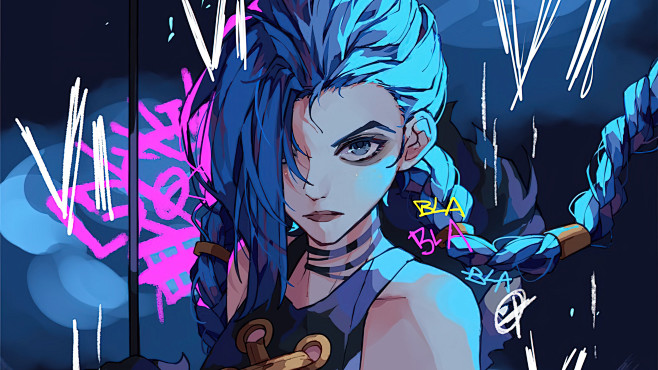 动漫 3840x2160 英雄联盟 Jinx (League of Legends) 艺术品 数字艺术 blue hair braids blue eyes 奥术