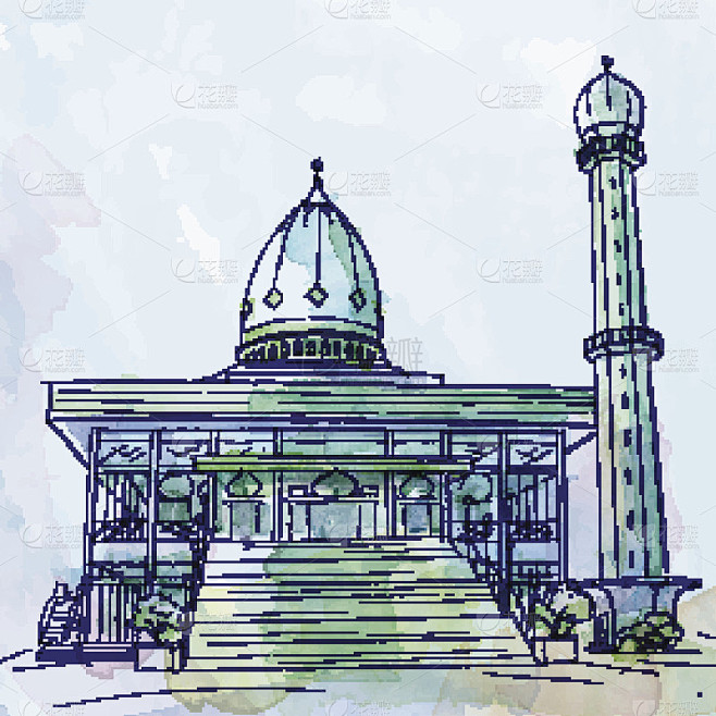 伊斯兰设计矢量清真寺水彩笔刷sktech