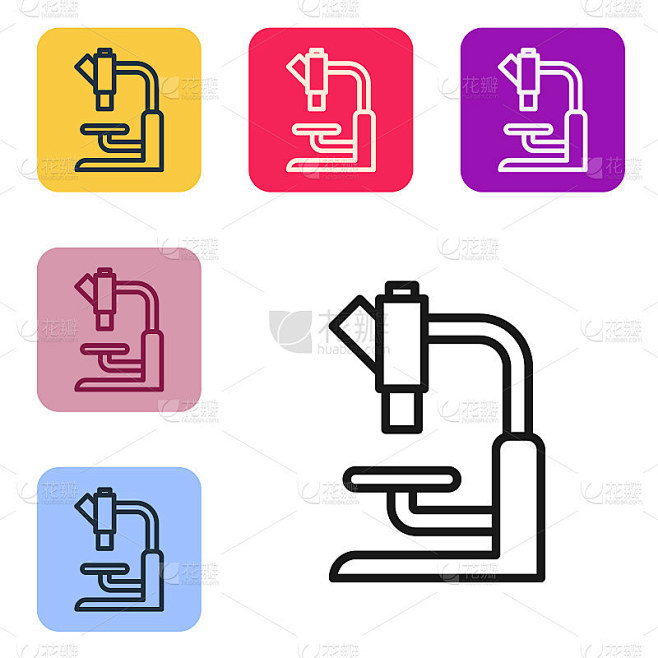 黑线显微镜图标孤立在白色背景上。化学、制药仪器、微生物放大工具。设置图标的颜色方形按钮。向量