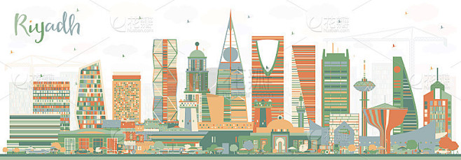沙特阿拉伯利雅得城市天际线与彩色建筑。