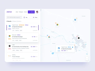 Find Job Web App - Dashboard UI dashboard app search bar filter results card design ui map web ...