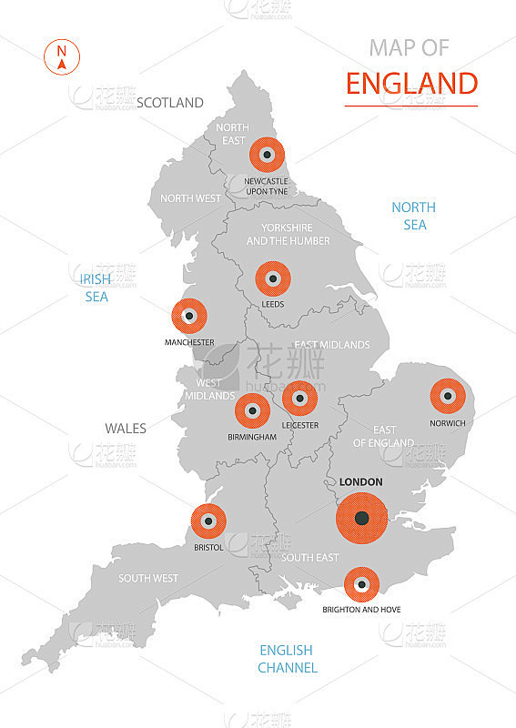 带有行政区划的英国地图。