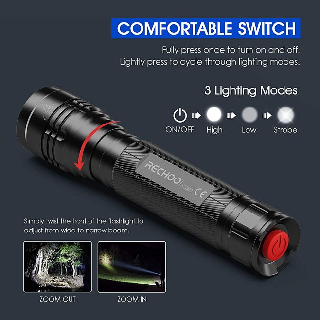 High-Powered LED Flashlight S2000, RECHOO Upgraded Powerful 2000 High ...