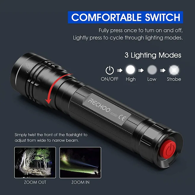 High-Powered LED Flashlight S2000, RECHOO Upgraded Powerful 2000 High Lumens Flashlights with 3 ...