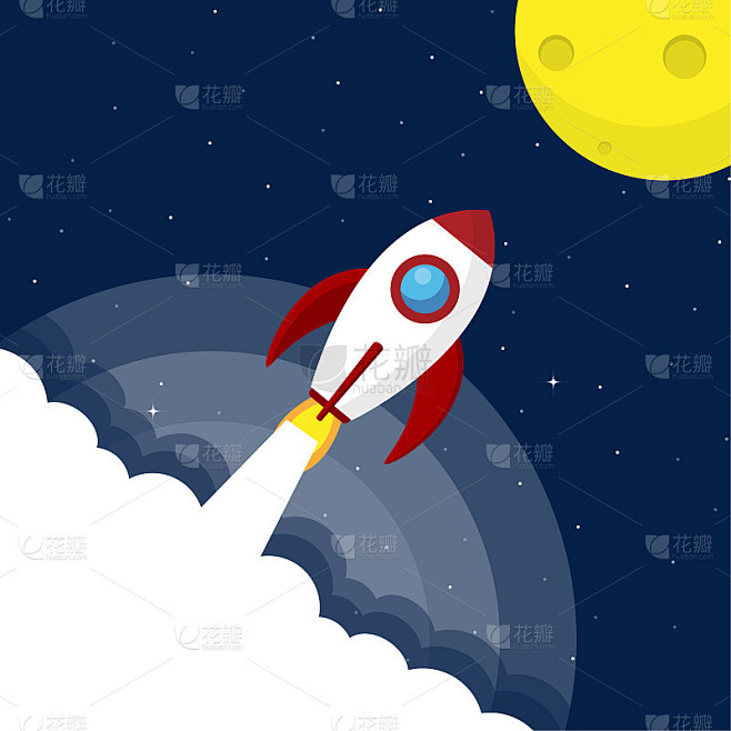 Rocket go to the moon on galaxy background. vector
