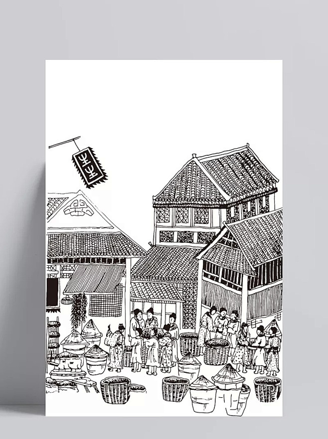 绘画|人物,房子,集市,古代集市场景,古代生活场景,卡通元素,手绘/卡通