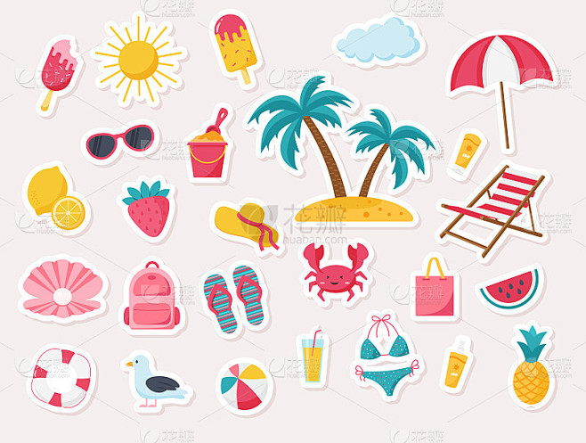 一套可爱的向量夏天贴纸，海滩主题。平的风格。